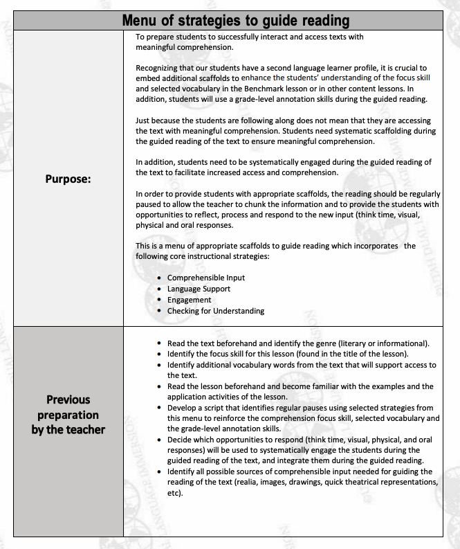 MENU OF STRATEGIES TO GUIDE READING